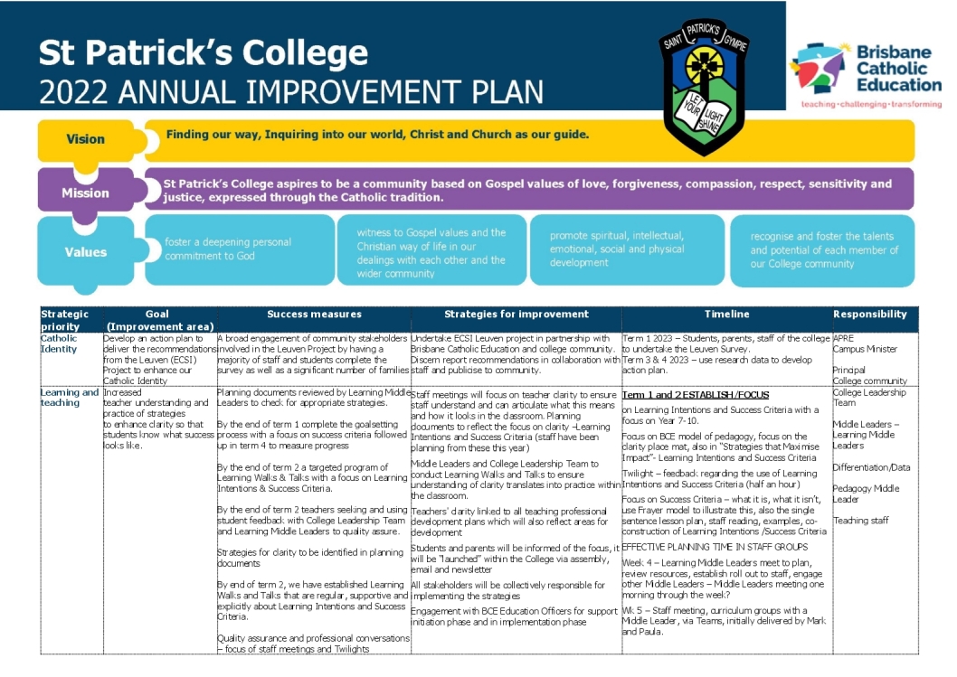 College Annual Improvement Plan